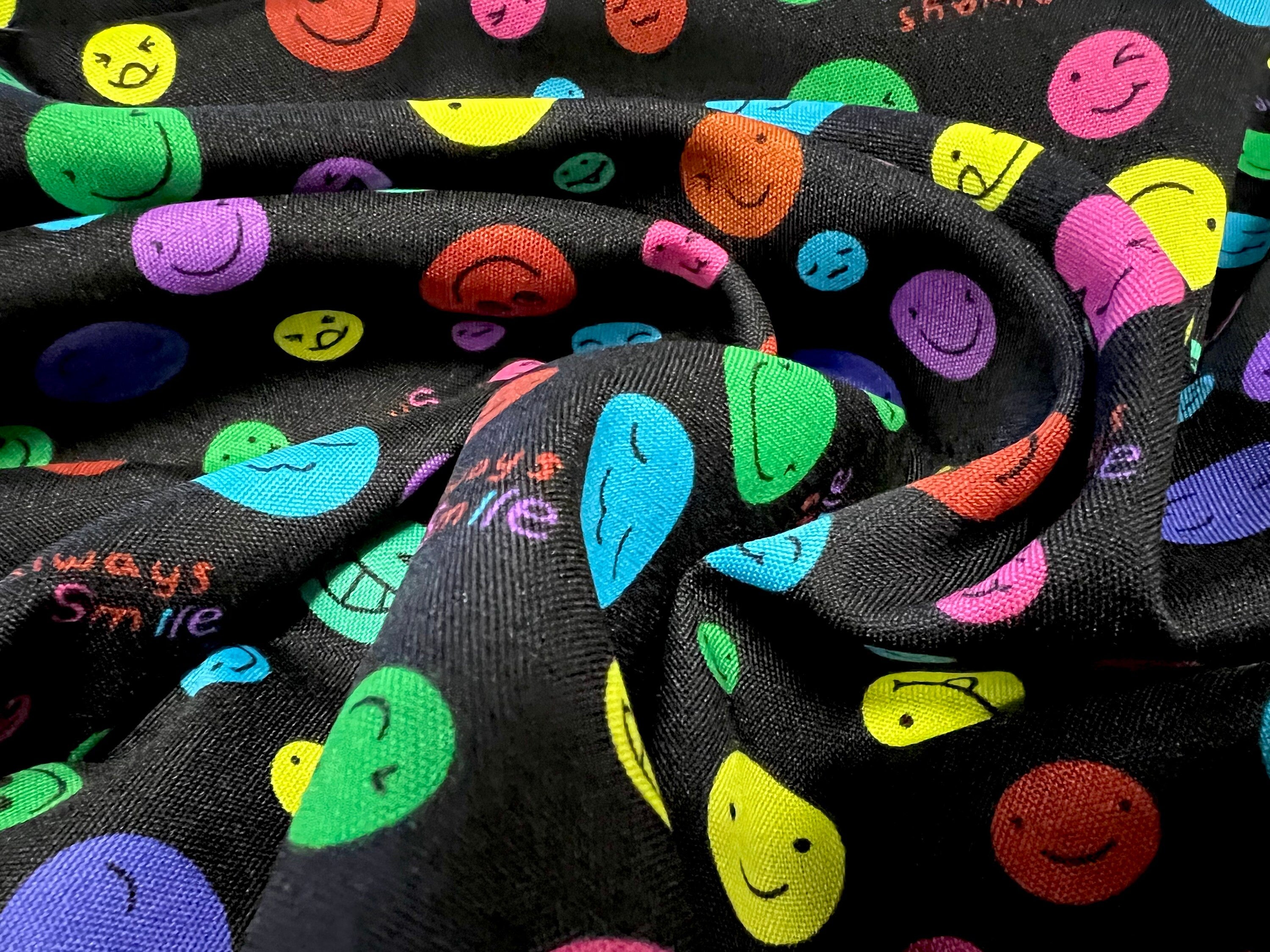 Smily happy faces emoji emoticon print woven dress fabric, per metre ...